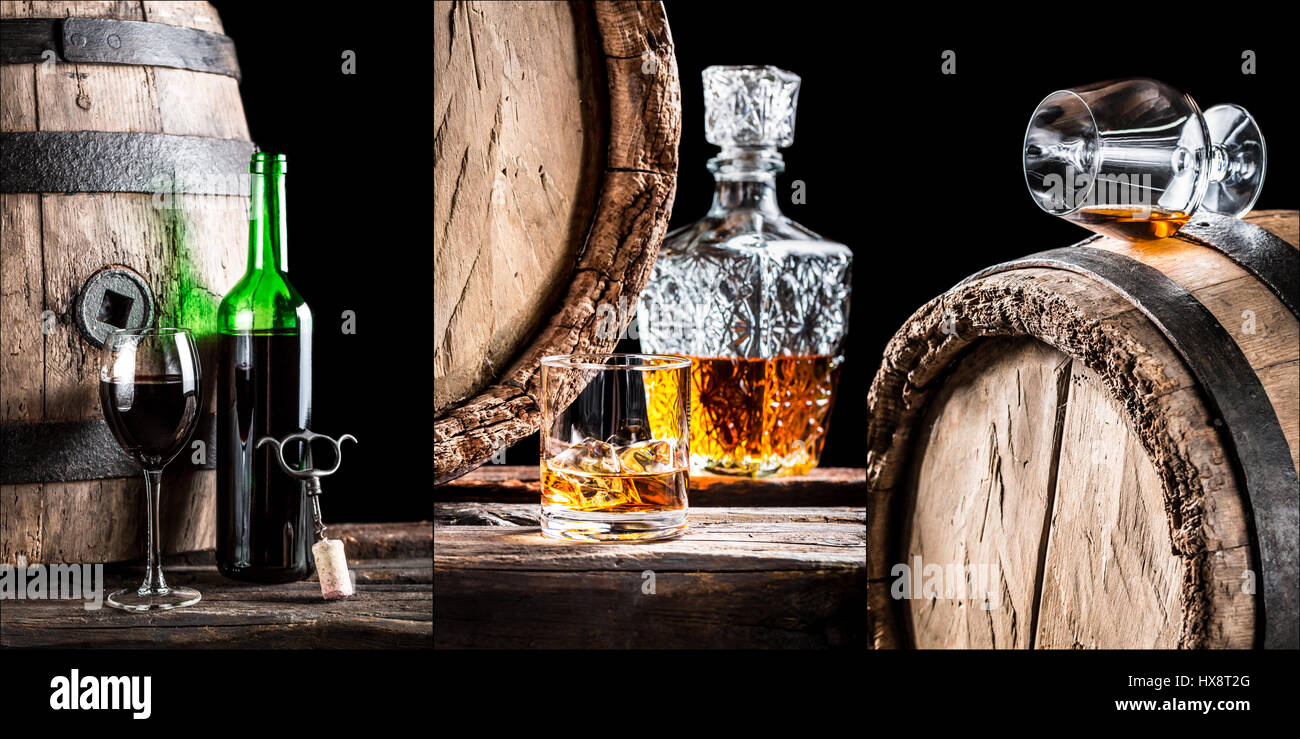Collage of alcohols stored in barrels in the cellar Stock Photo - Alamy