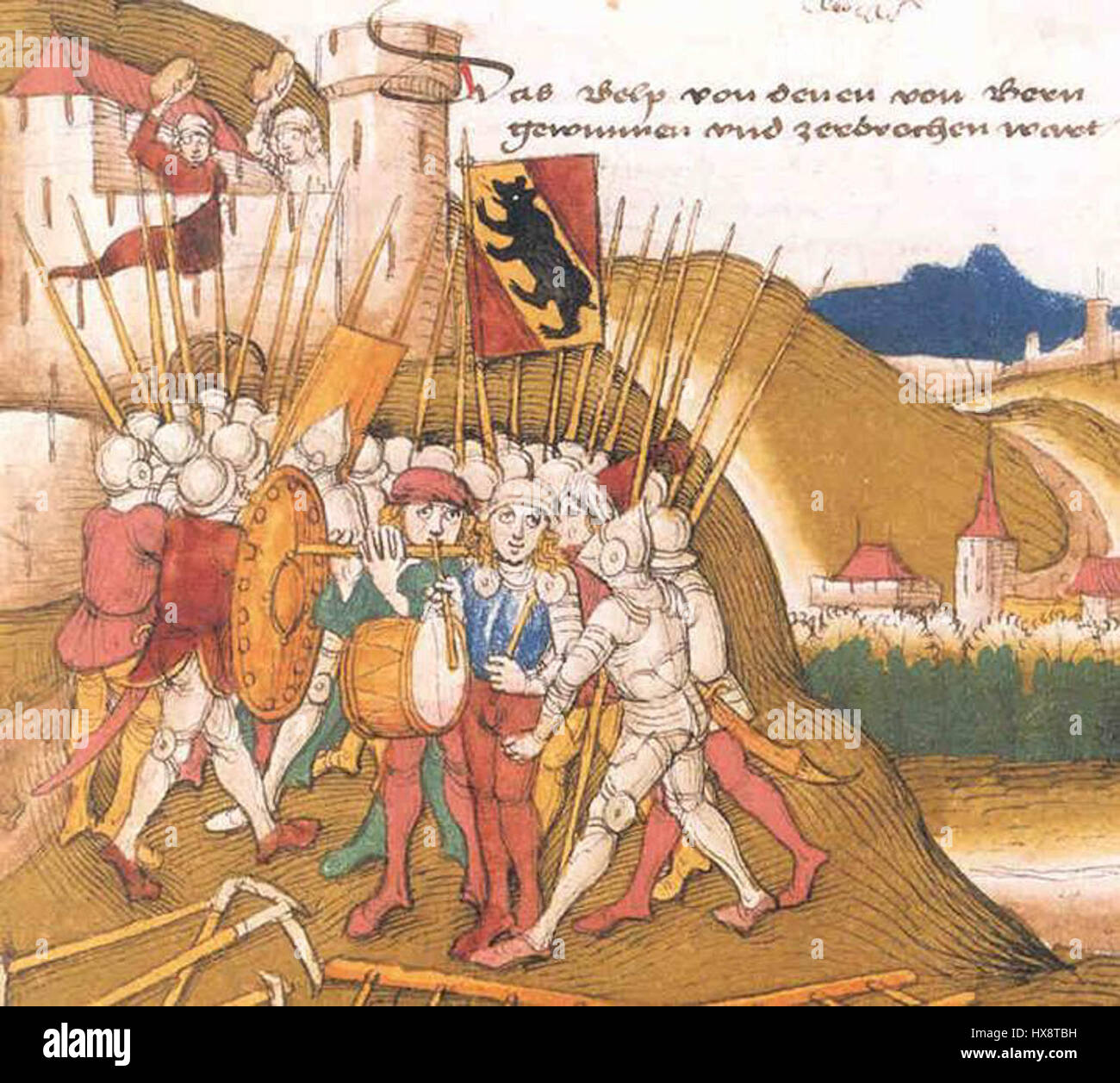 A late 15th-century depiction of Swiss mercenaries, featuring a drummer ...