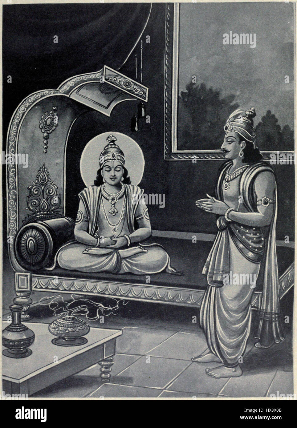 In this scene, Yudhishthira, a central figure in the Mahabharata, is ...