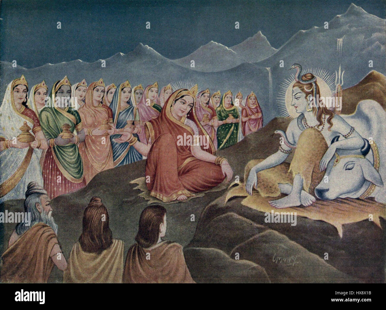 This scene depicts Parvati, a Hindu goddess, introducing the river ...