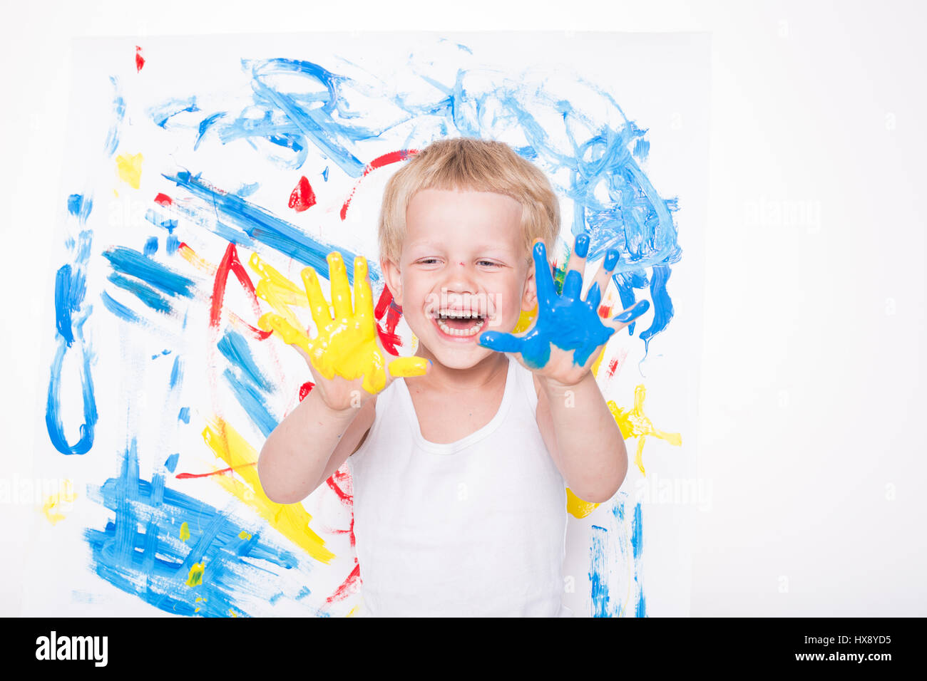 Portrait of a little messy kid painter. School. Preschool. Education ...