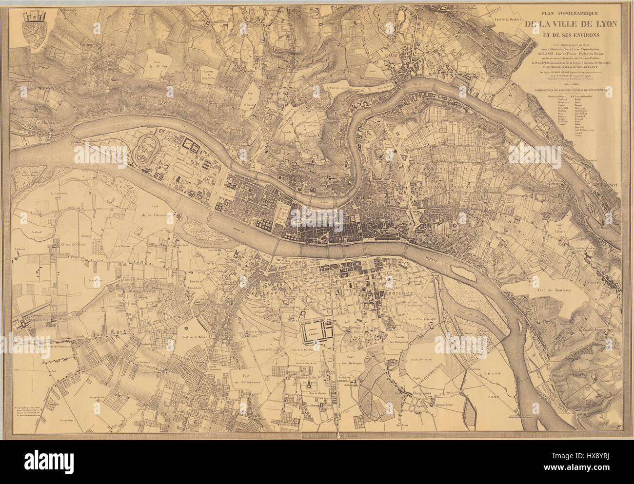 This 1847 topographic map shows the city of Lyon and its surrounding ...