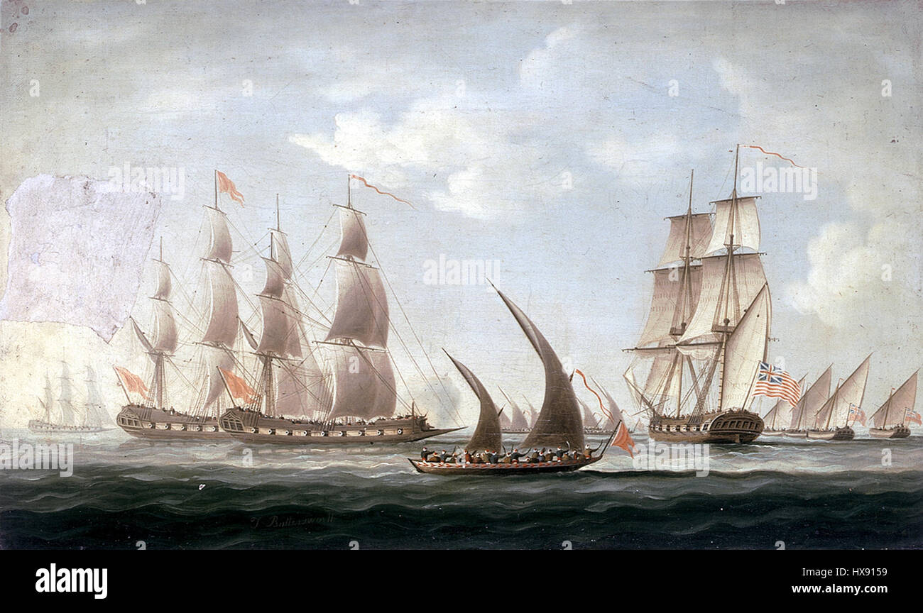 This print depicts a dramatic moment from 1812, when Mahratta pirates ...