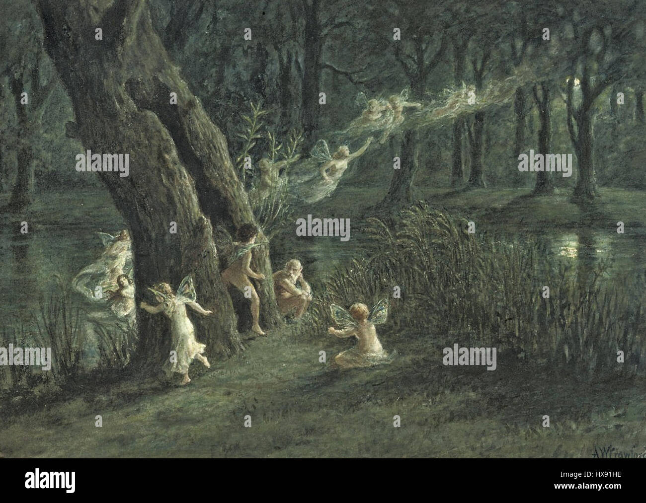 The painting 'Woodland Fairies in the Moonlight' depicts mystical ...
