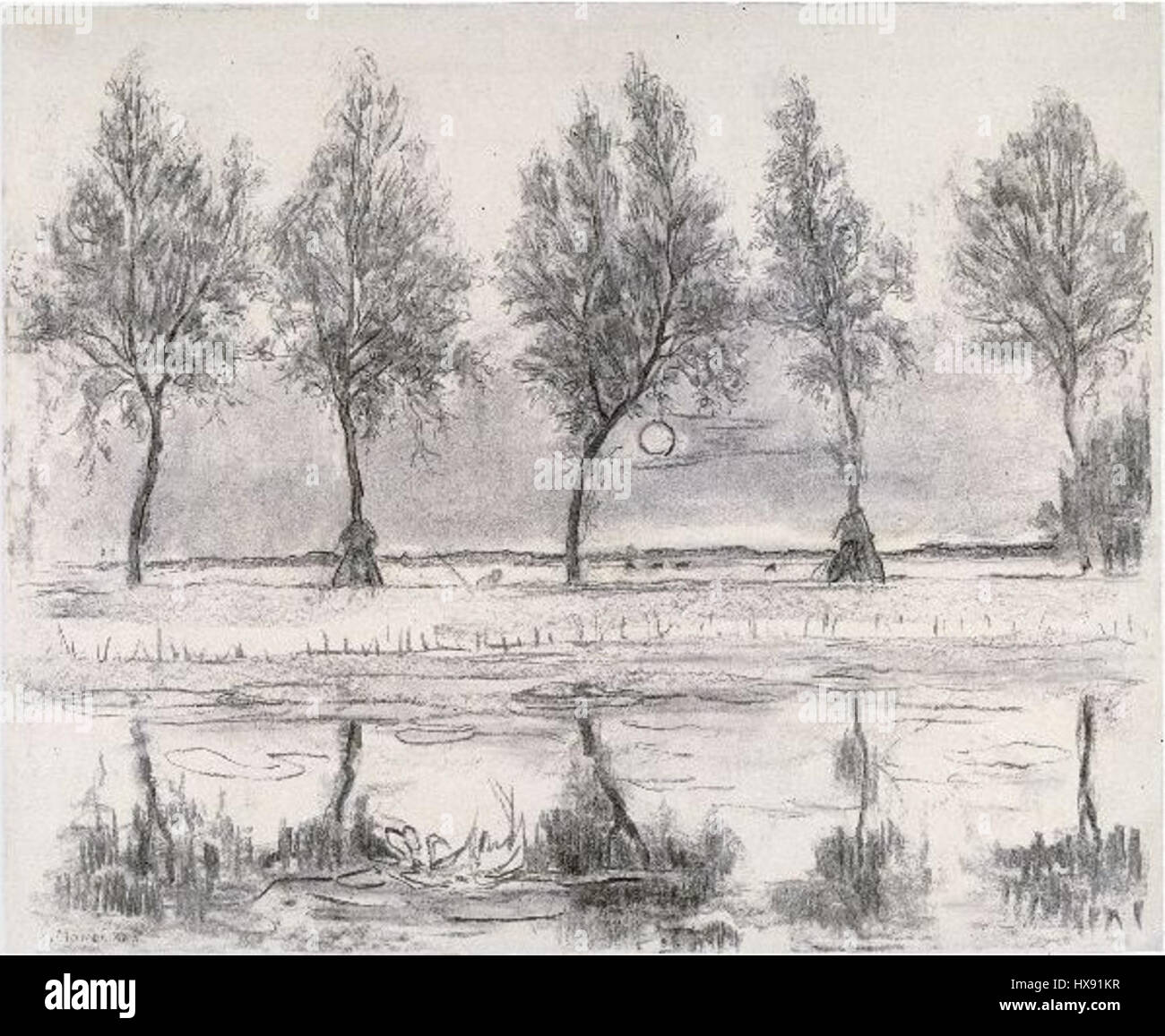 Piet Mondrian's 'Trees by the Gein Moonrise' is a drawing that captures ...