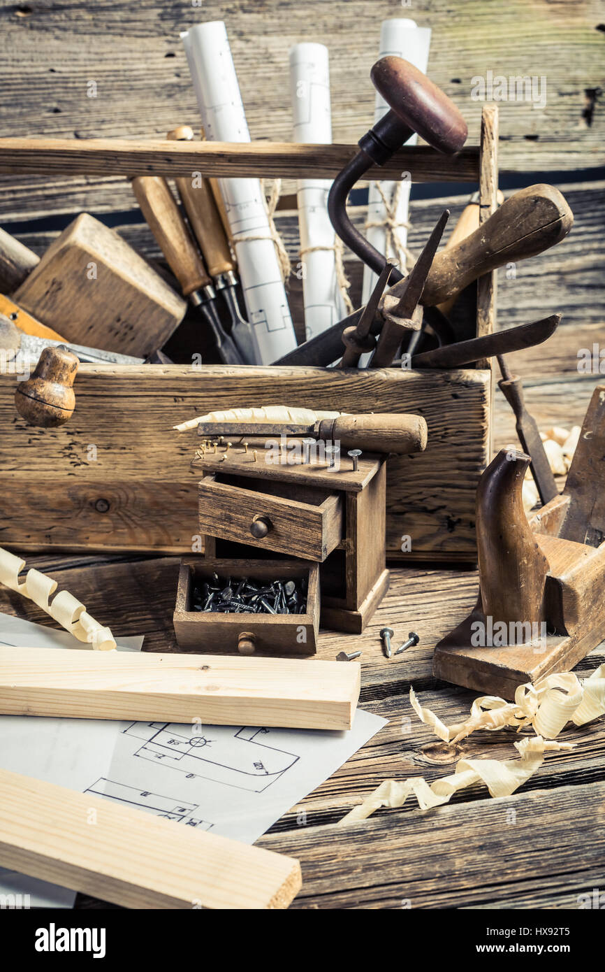 Drafting Tools and diagrams in the carpentry workshop Stock Photo - Alamy
