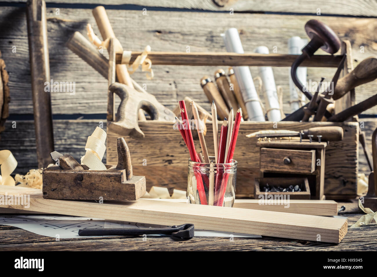 Drawing workshop and old carpentry workbench on old wooden table Stock ...