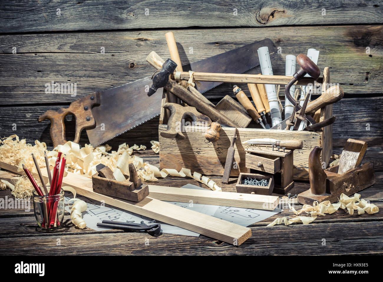 Vintage carpenter working tools on old wooden table Stock Photo - Alamy