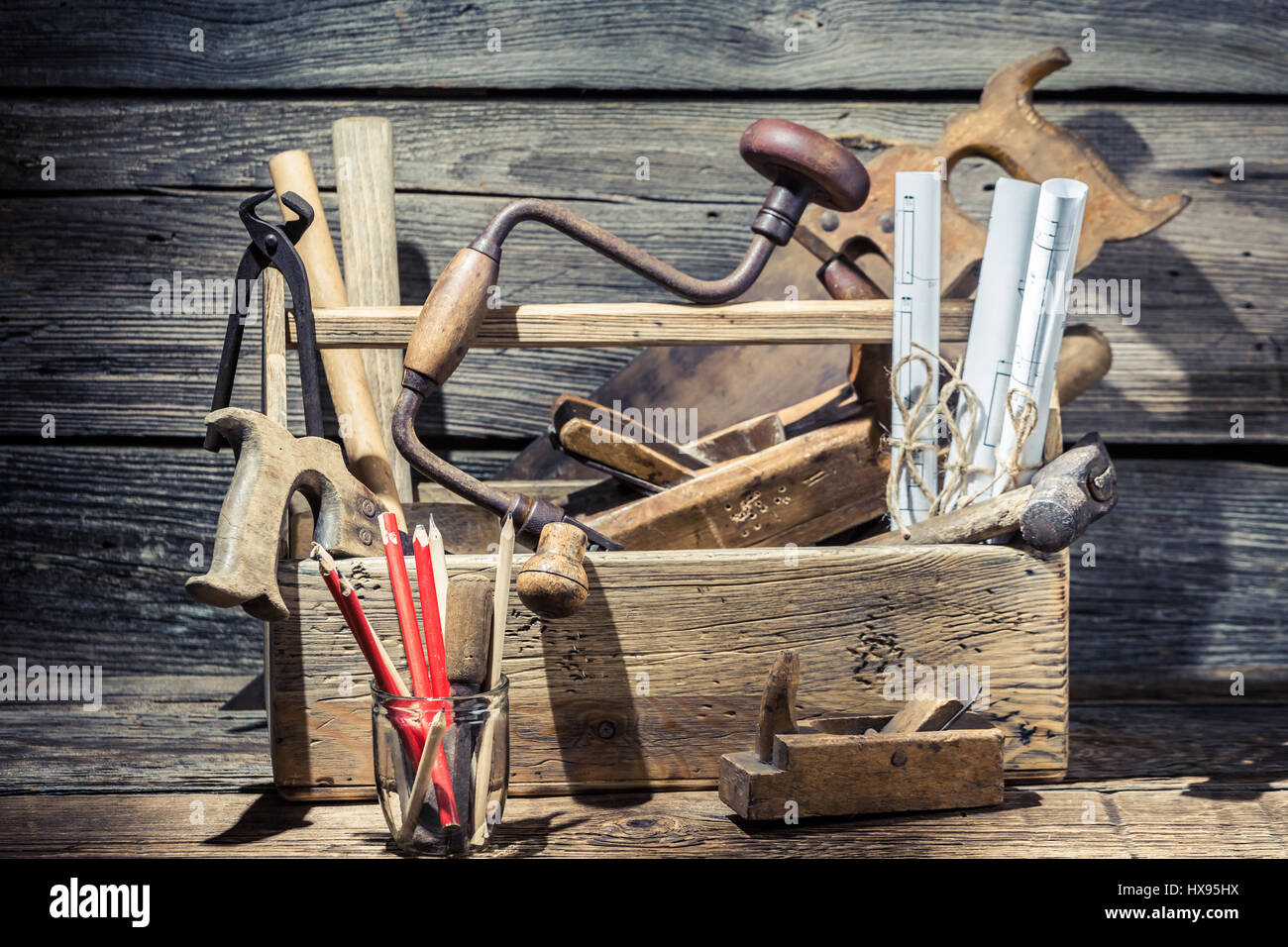 Vintage carpenter tools on old wooden table Stock Photo - Alamy