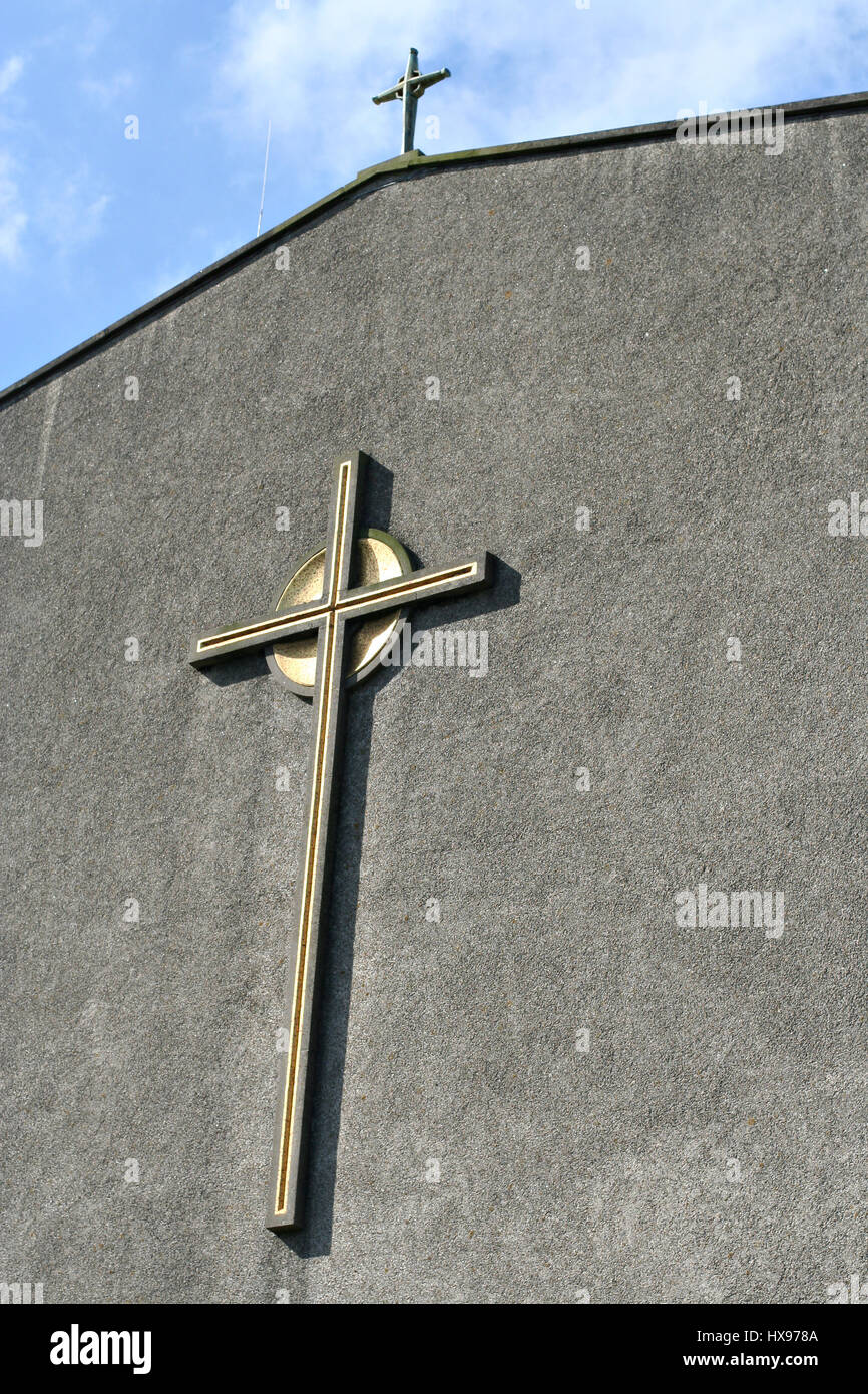 Crucifix on the side of a Church Building religious concept, catholic ...