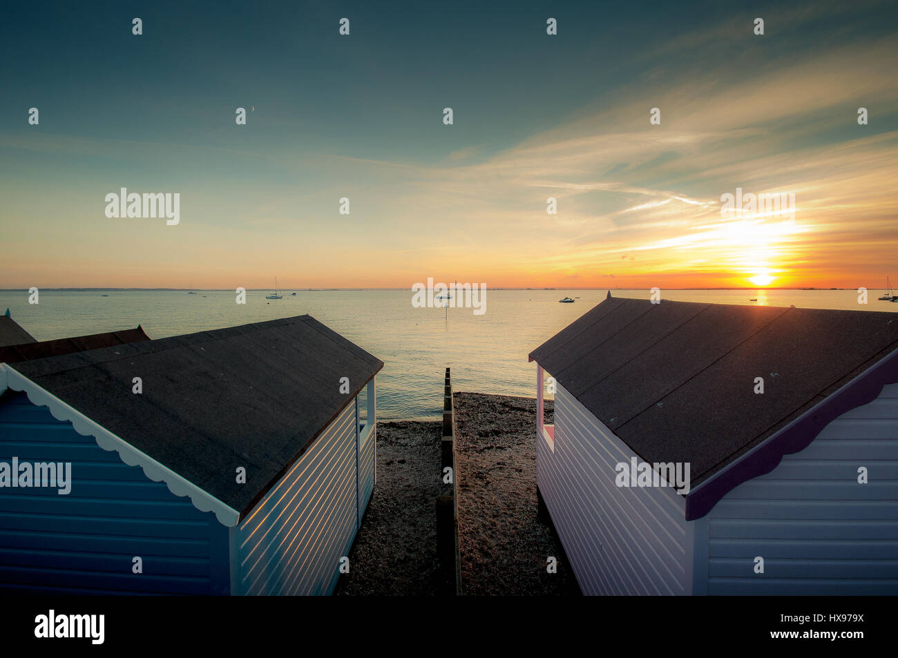 Beach huts Southend on Sea, Thorpe Bay Essex at sunset Stock Photo - Alamy