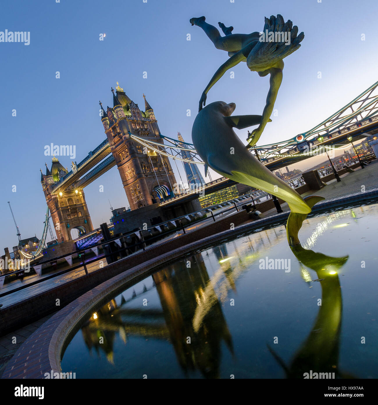 Tower Bridge and Girl with a Dolphin Statue London Stock Photo - Alamy