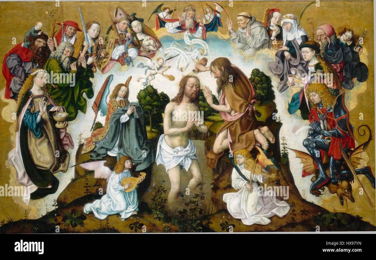 This artwork depicts the biblical scene of the Baptism of Christ, a ...
