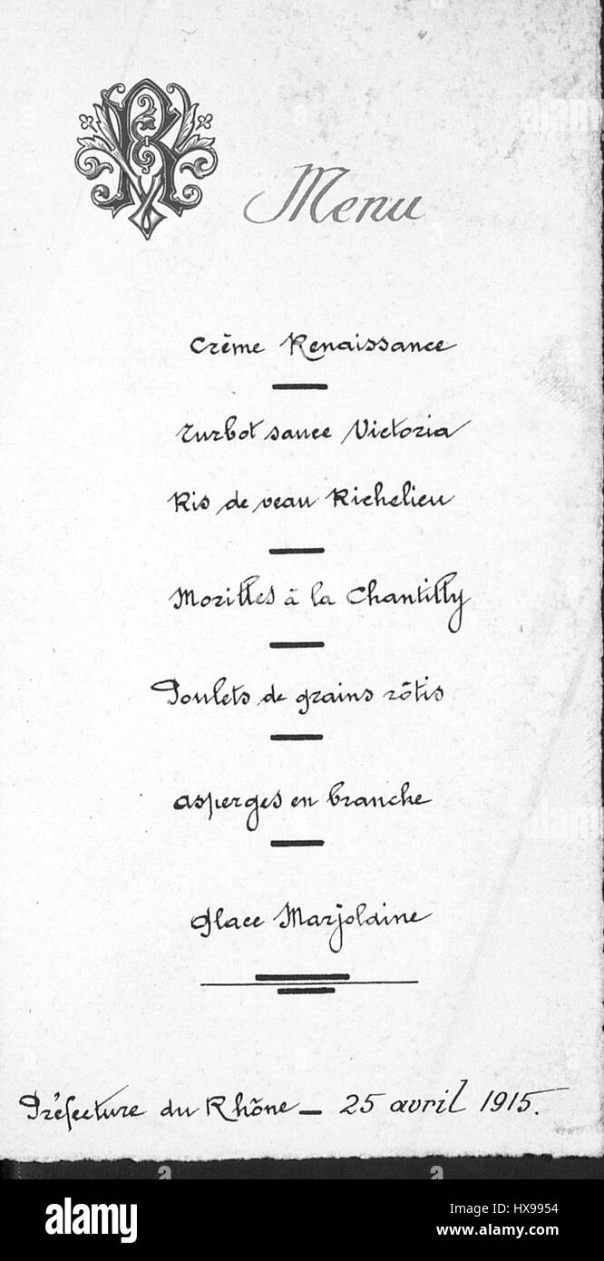 This historical menu from a formal dinner at the Lyon prefecture ...