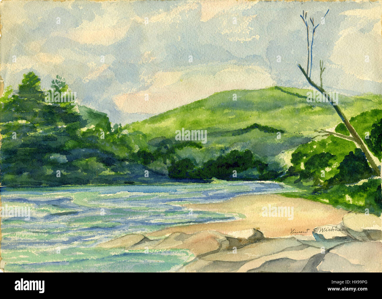 Vincent Schofield Wickham's 'River Scene' portrays a tranquil riverside ...
