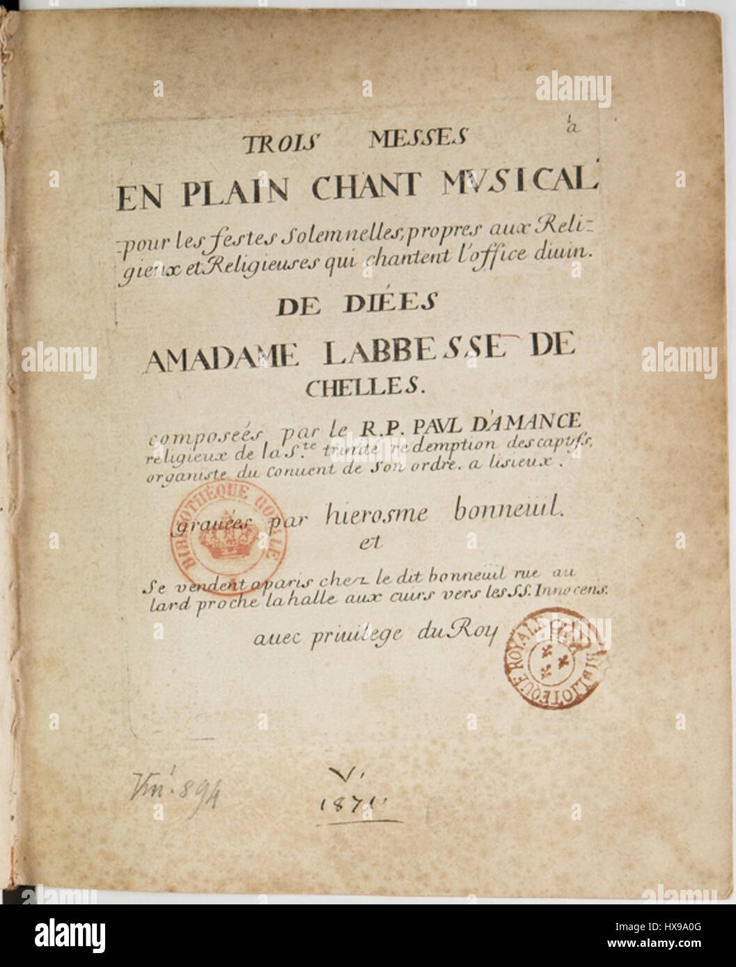 The title page of Paul Damance’s 'Trois messes en plain chant' (1687 ...