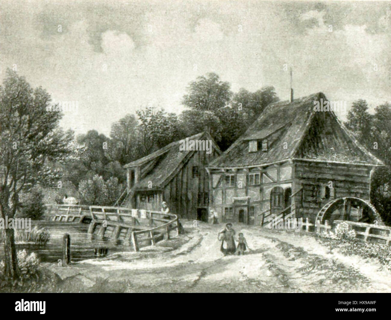 'Wohldorf Mühle' by C. Laeisz, painted in 1840, depicts a rural ...
