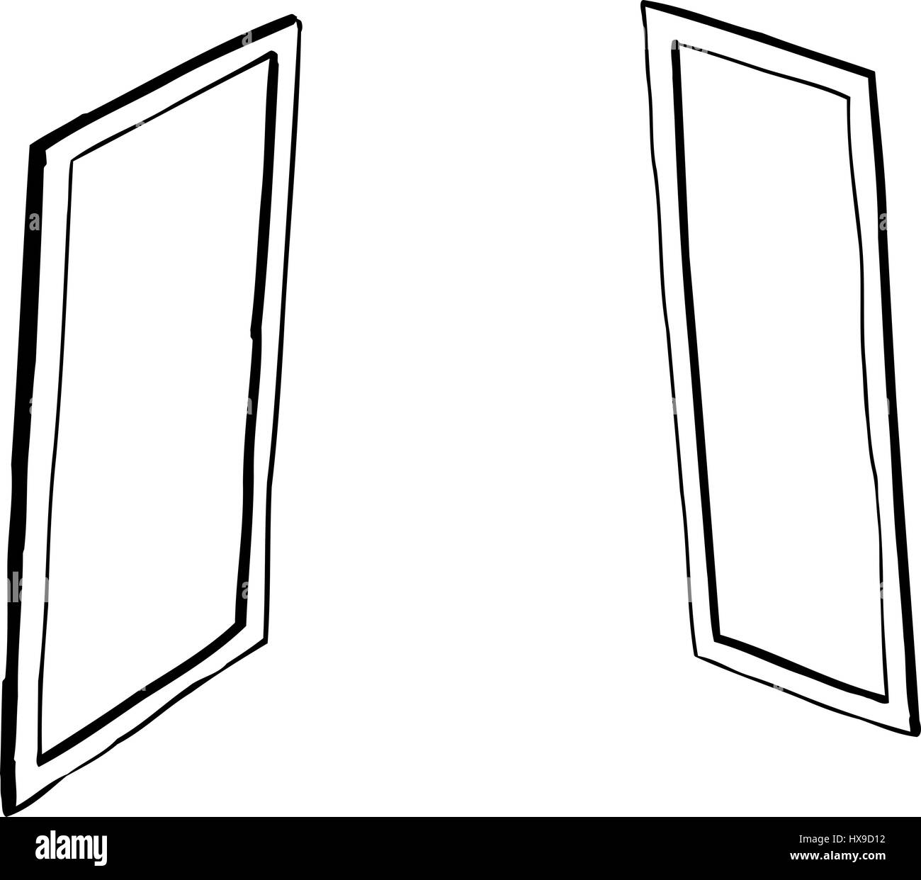 Outline cartoon of facing windows or mirrors over white background ...