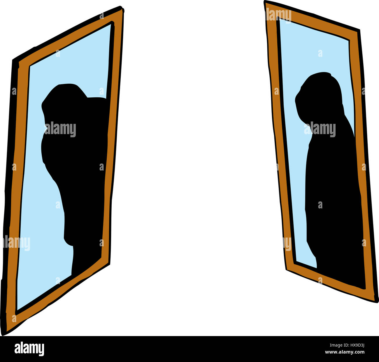 Shadowy figure in pair of facing mirrors over white background Stock ...