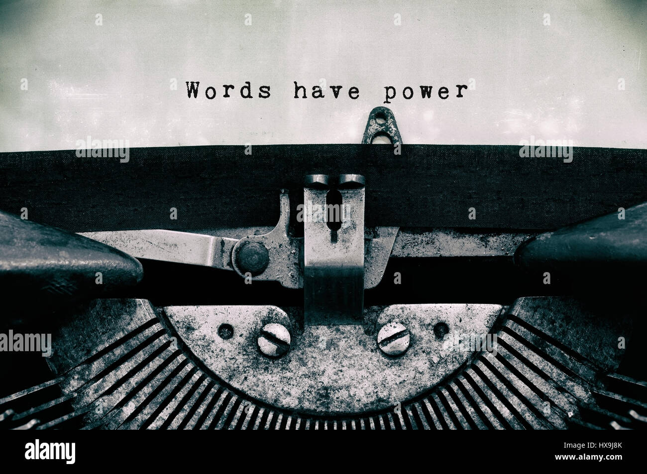 Words have power words typed on a vintage typewriter in black and white ...