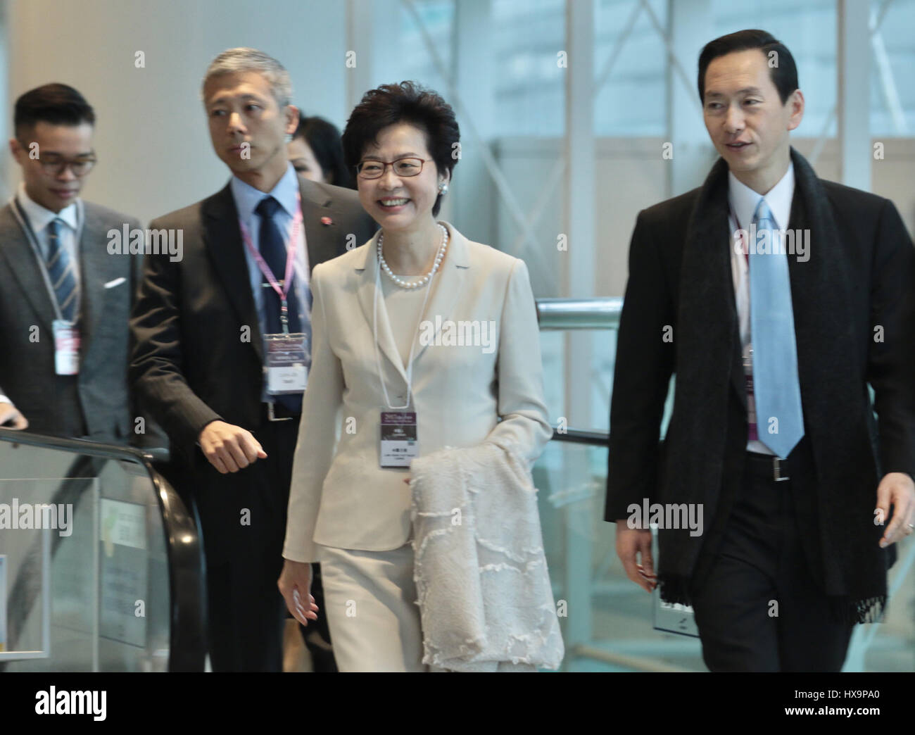 Hong Kong. 26th Mar, 2017. Lam Cheng Yuet-ngor (2nd R) arrives at the ...