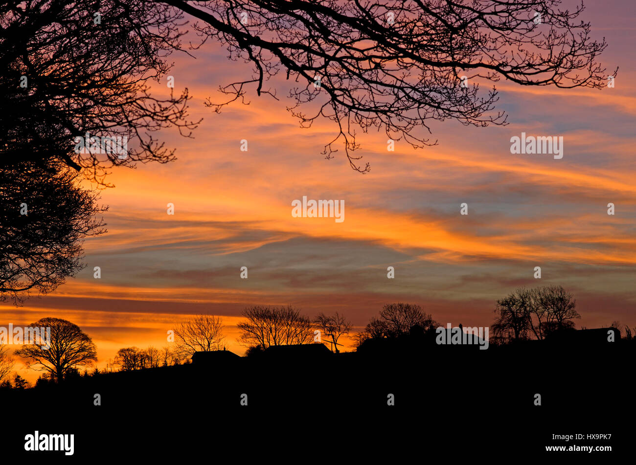 Near Wigton, Cumbria, England UK. 26th March 2017. A colourful dawn sky ...