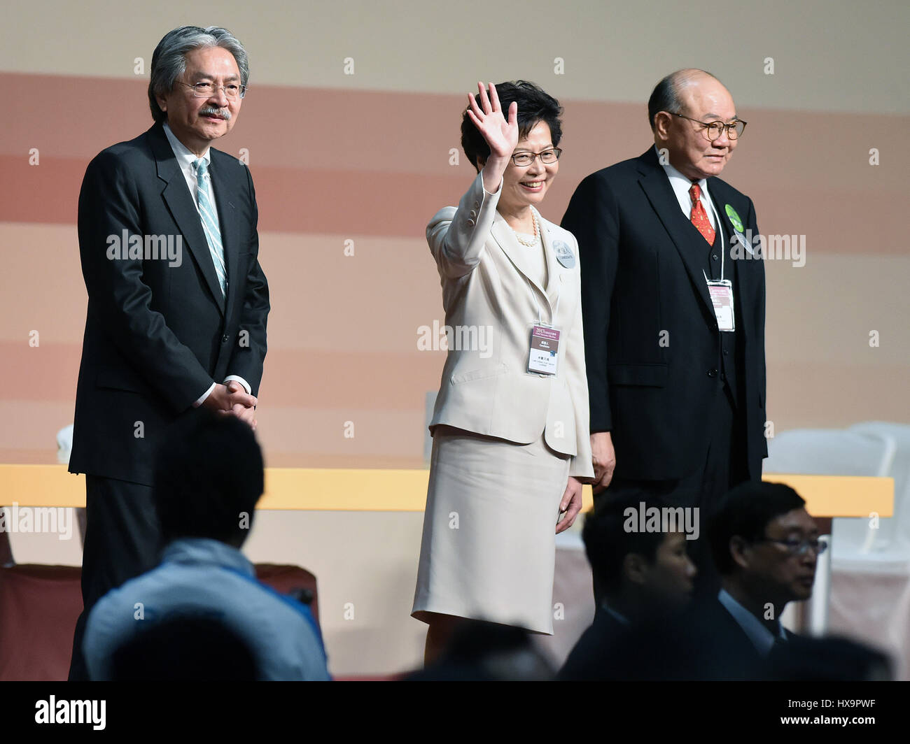Hong Kong, China. 26th Mar, 2017. Lam Cheng Yuet-ngor (C) waves to ...