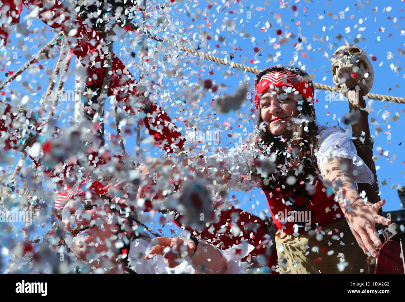 Petange. 26th Mar, 2017. A reveller is seen during the cavalcade of ...