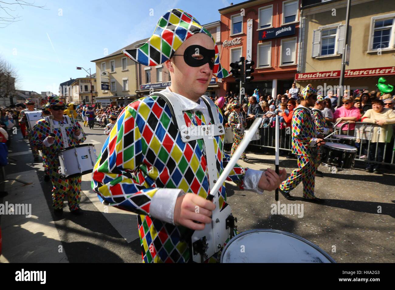 Petange. 26th Mar, 2017. A reveller is seen during the cavalcade of ...