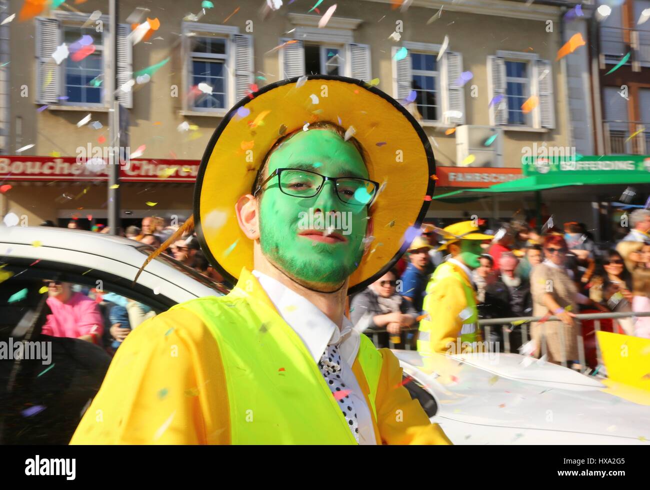 Petange. 26th Mar, 2017. A reveller is seen during the cavalcade of ...