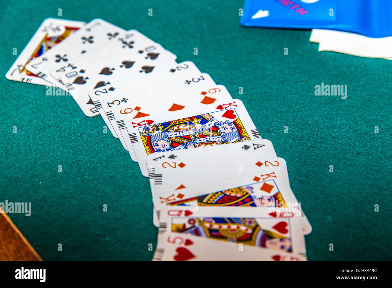 bridge game cards spread on a green deck Stock Photo - Alamy