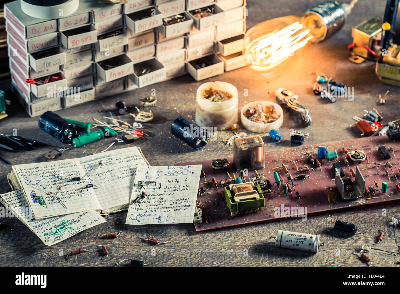 Vintage electronics workshop in school lab on old wooden table Stock ...