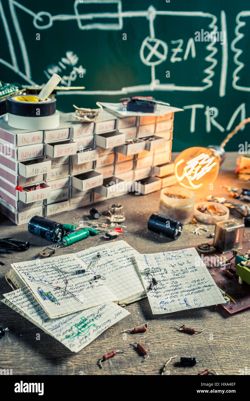 Vintage electronics work desk in physics lab Stock Photo - Alamy