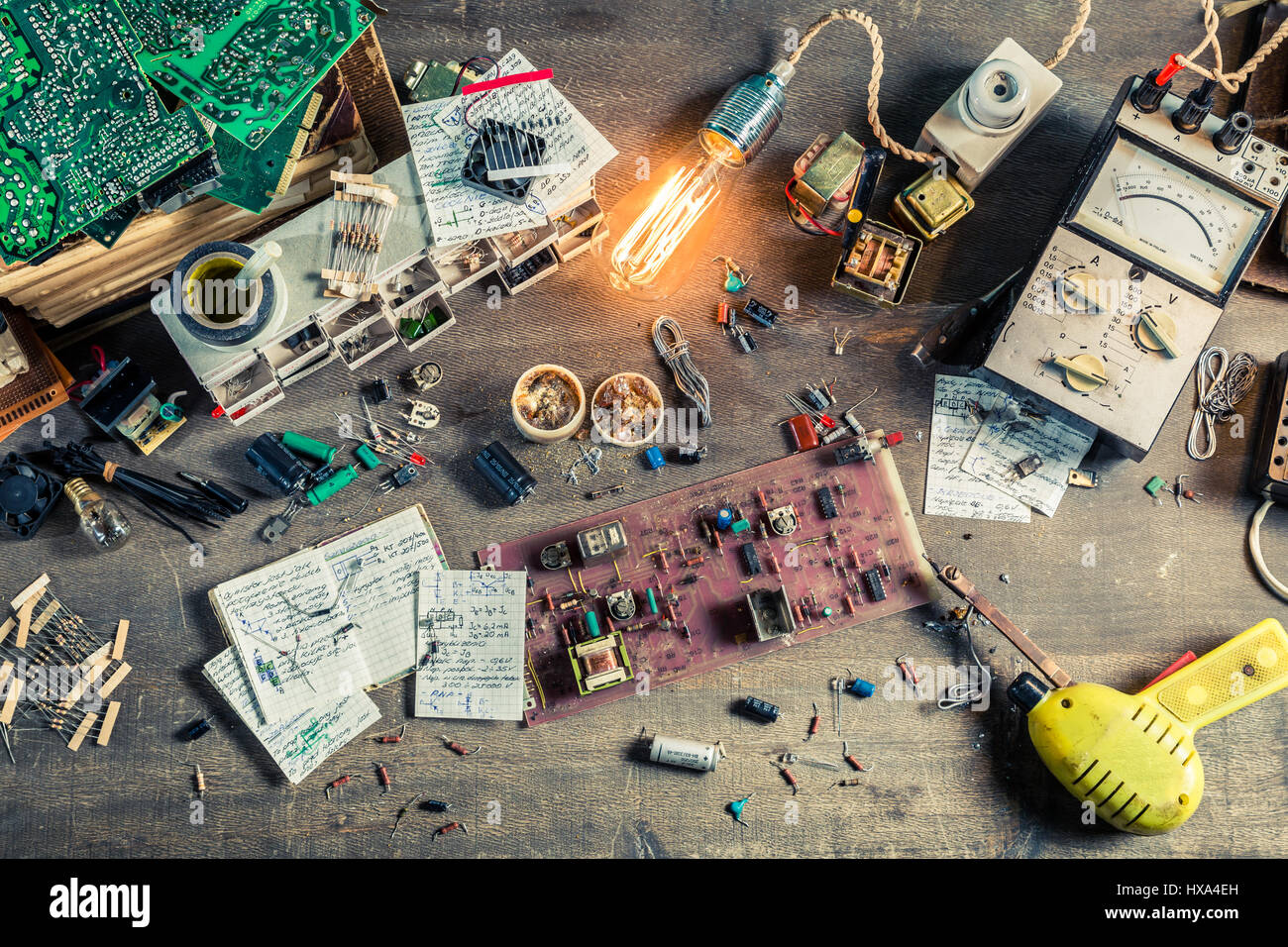 Vintage electronics work desk in school lab Stock Photo - Alamy