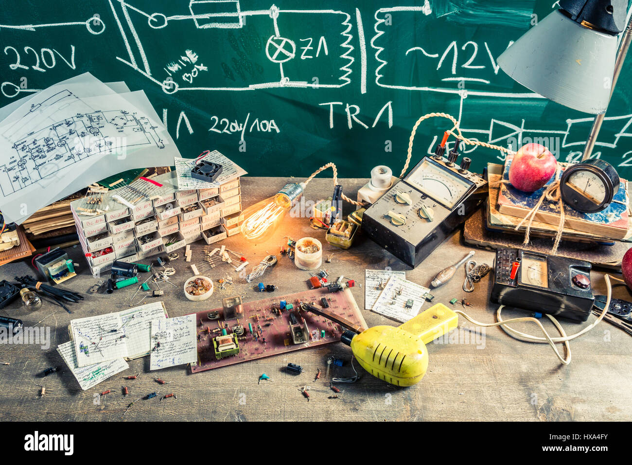 Old electronics workplace in school lab on old wooden table Stock Photo ...