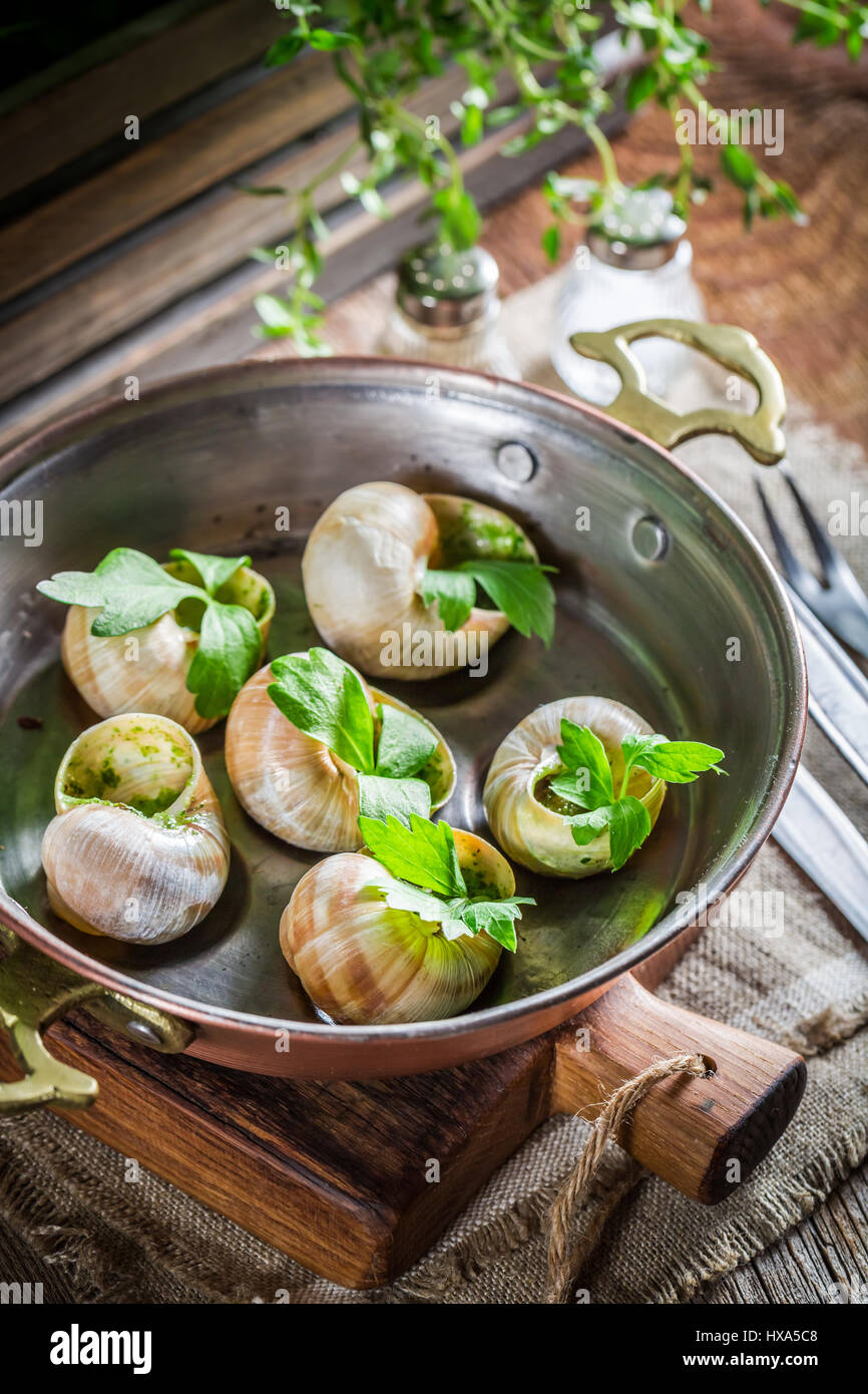 Hot and fresh snails with garlic butter Stock Photo - Alamy
