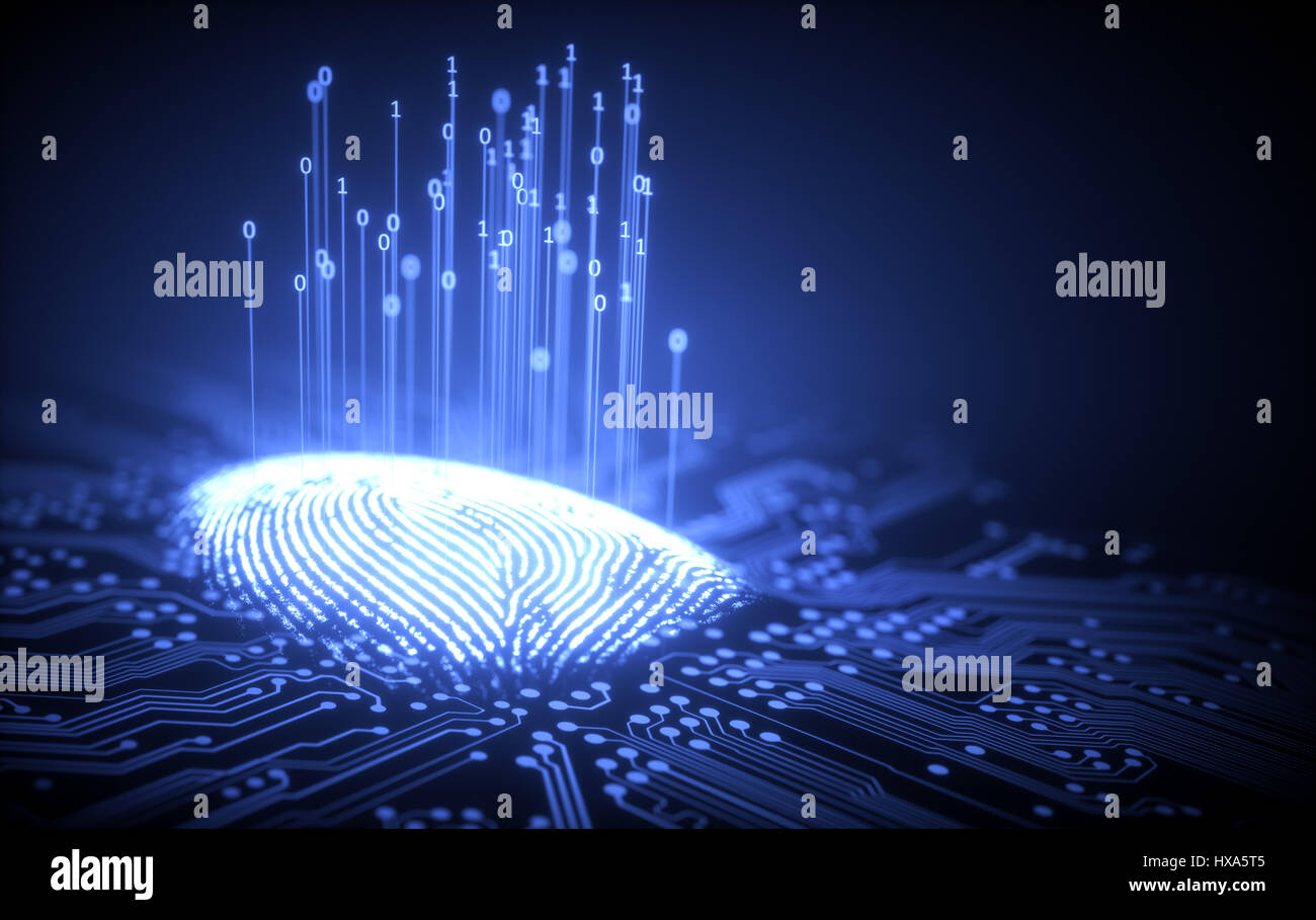 3D illustration. Fingerprint integrated in a printed circuit, releasing binary codes Stock Photo ...
