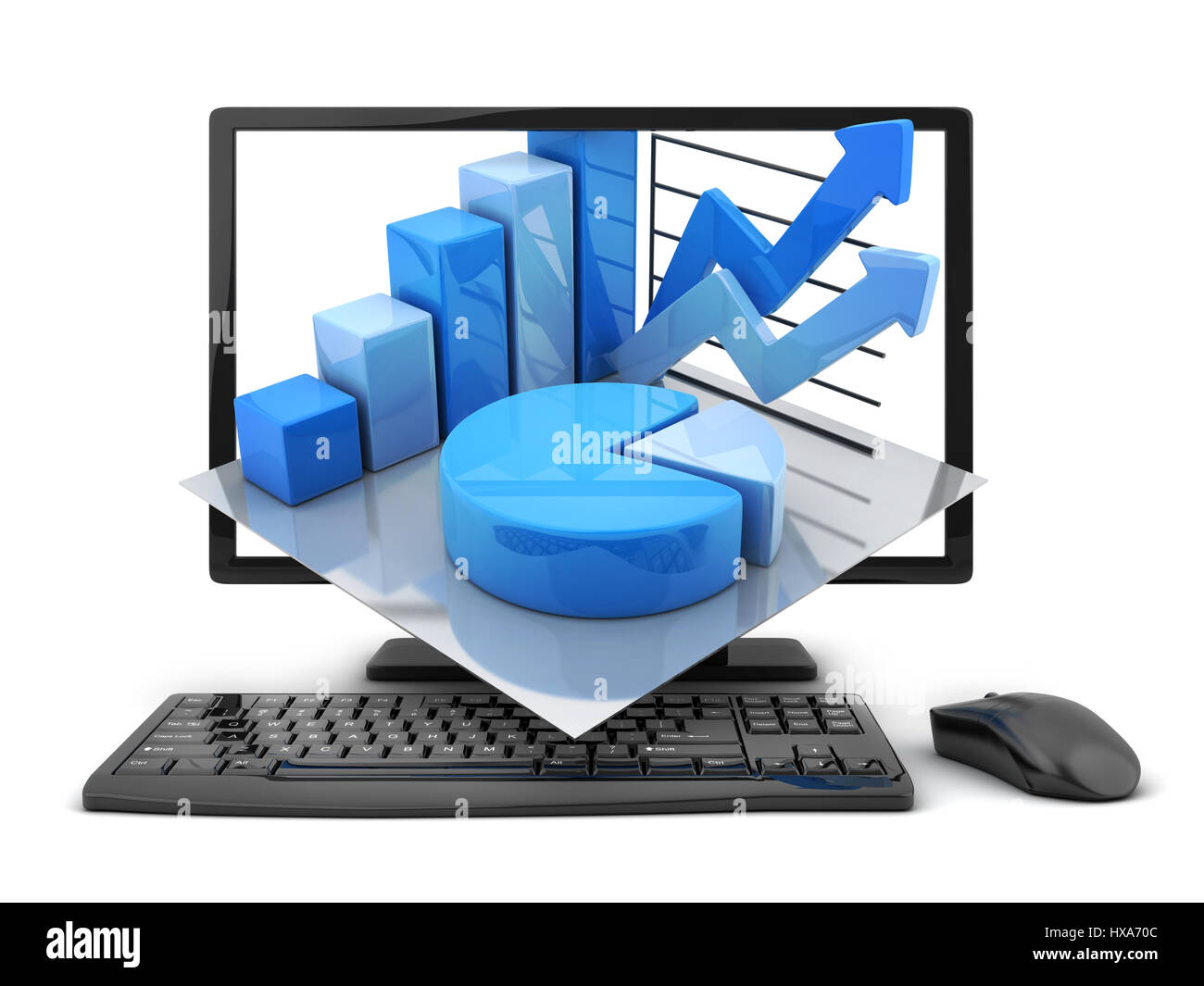 Computer and graph on white background. 3d illustration Stock Photo - Alamy