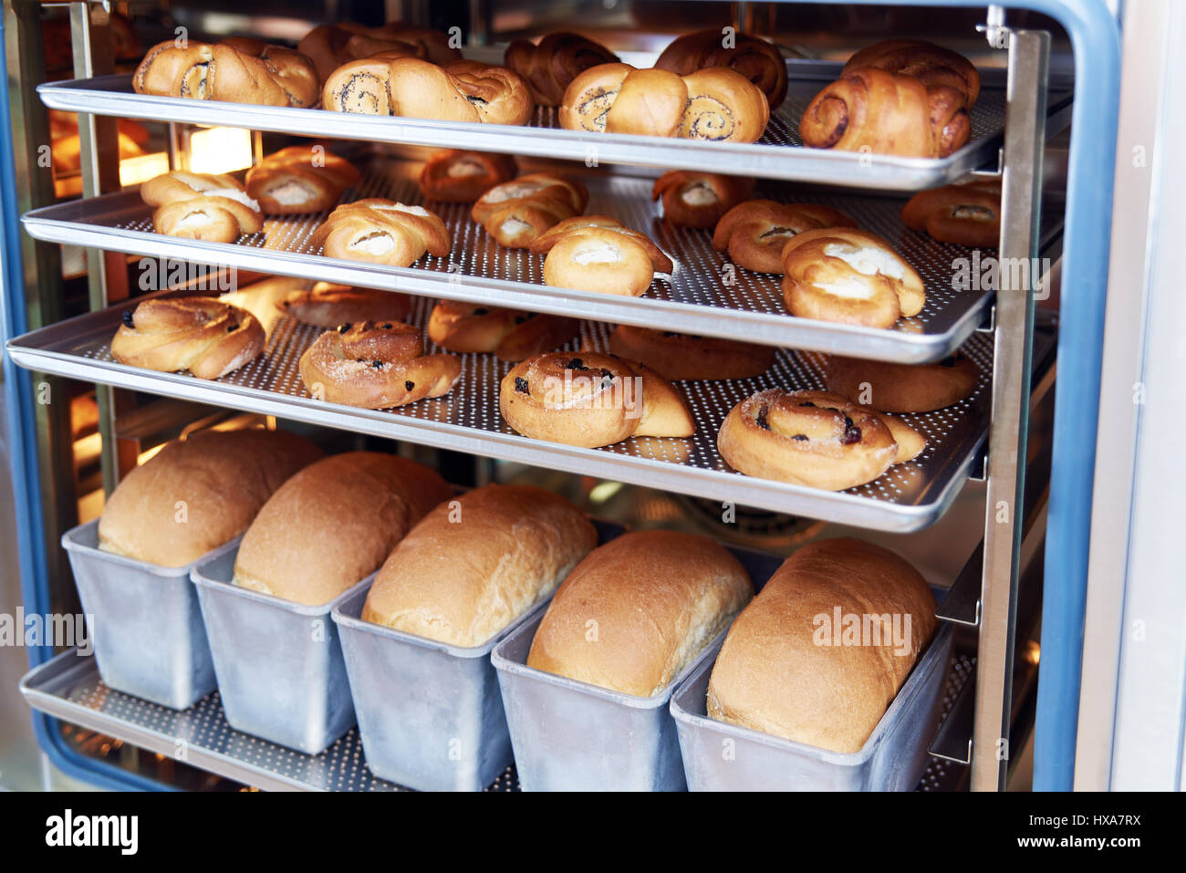 Dessert bread baking in Combi steamer. Production oven at the bakery ...