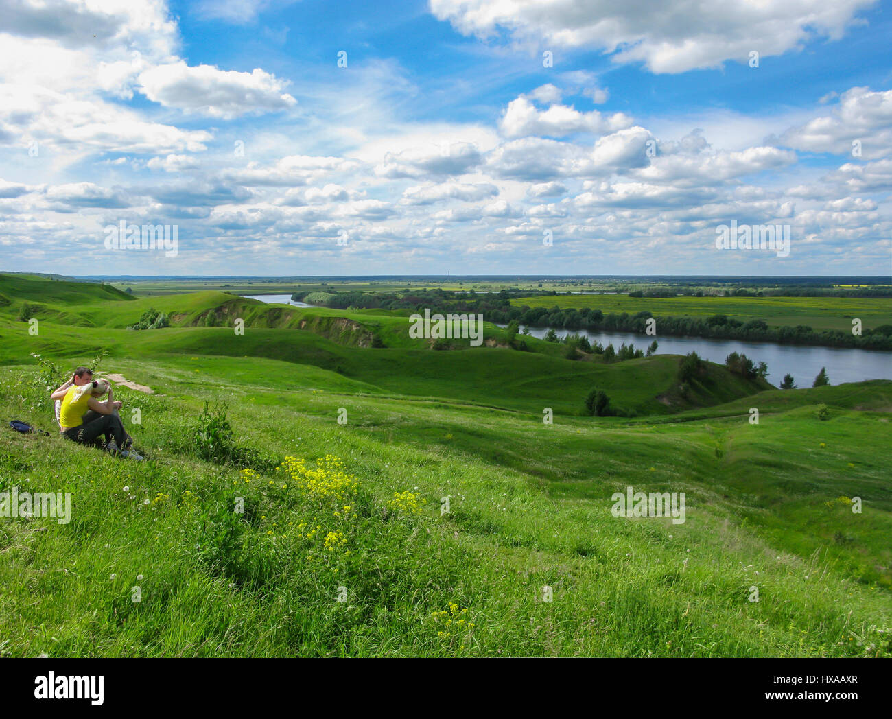 Spring sun magic river bright field beautiful sunny blue sky Stock ...