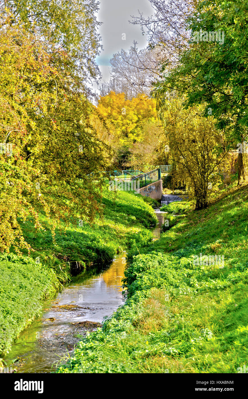 Autumn in a park stream running through Stock Photo - Alamy