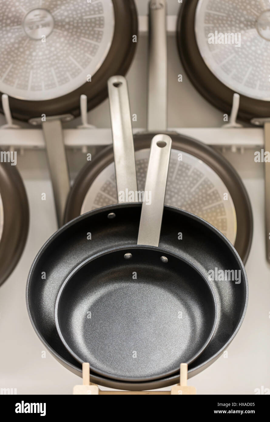 Non-stick Frying Pans close up Stock Photo - Alamy