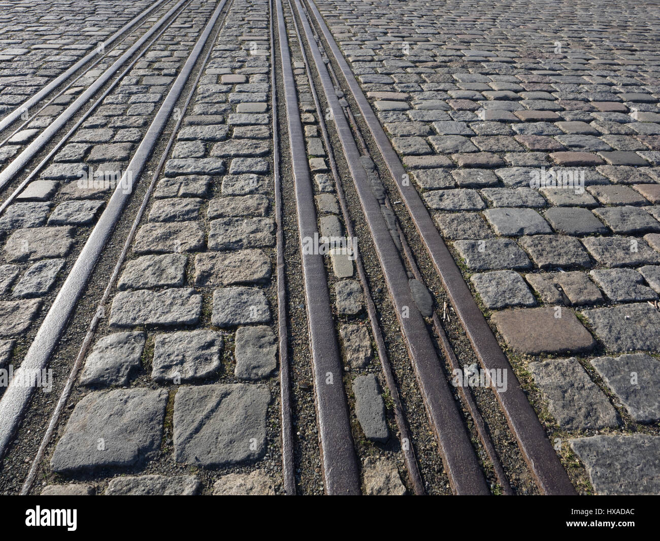 Cobblestone pavement with rail tracks also to use as background Stock ...
