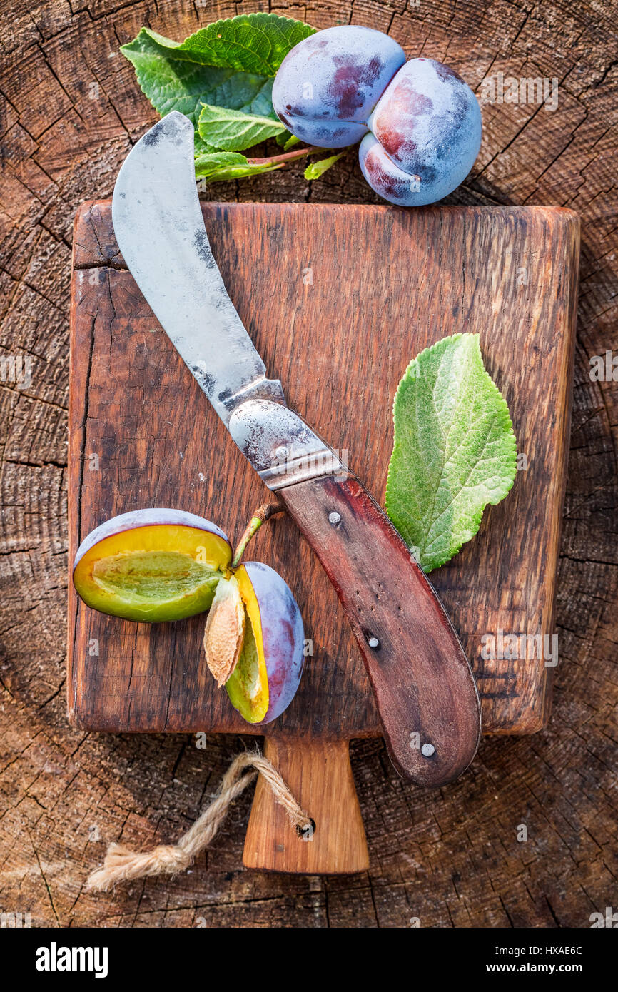 Fresh plums on old tree stump on old wooden trunk Stock Photo - Alamy
