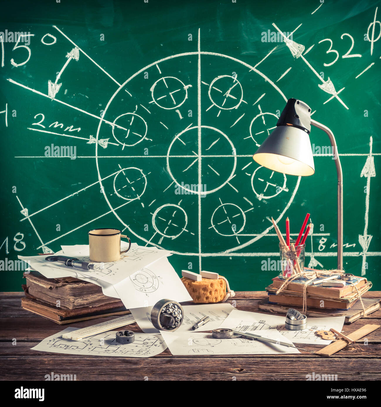 Vintage mechanical workshops at school on old wooden table Stock Photo ...