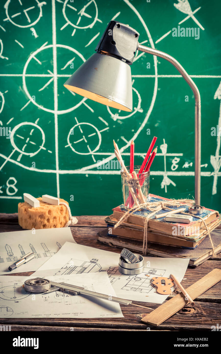 Vintage mechanical Laboratory in School on old wooden table Stock Photo ...