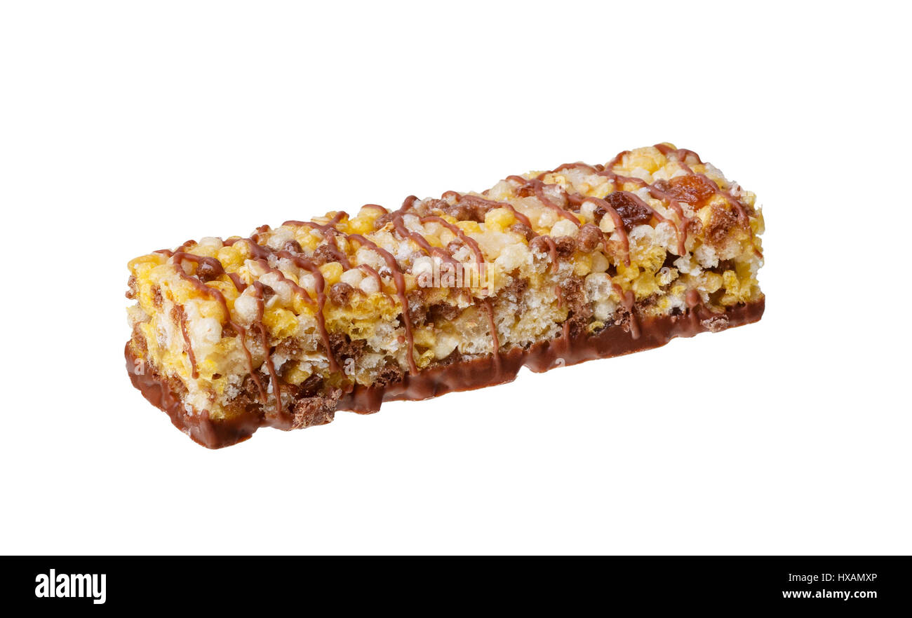 A bar of muesli with corn balls and chocolate isolated on white ...