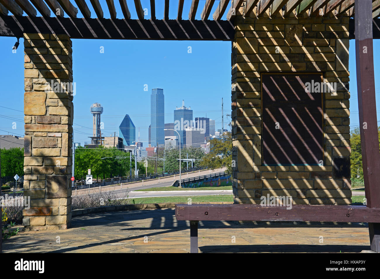 The Dallas skyline is visible from the Oak Cliff Founders Park across ...
