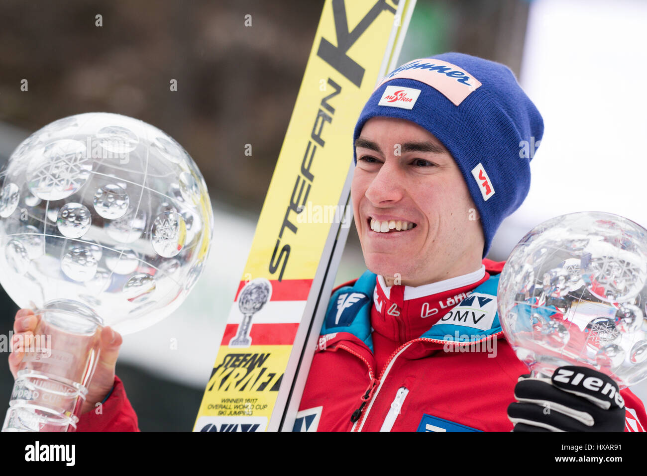 Planica, Slovenia. 26th Mar, 2017. Stefan Kraft of Austria celebrating ...