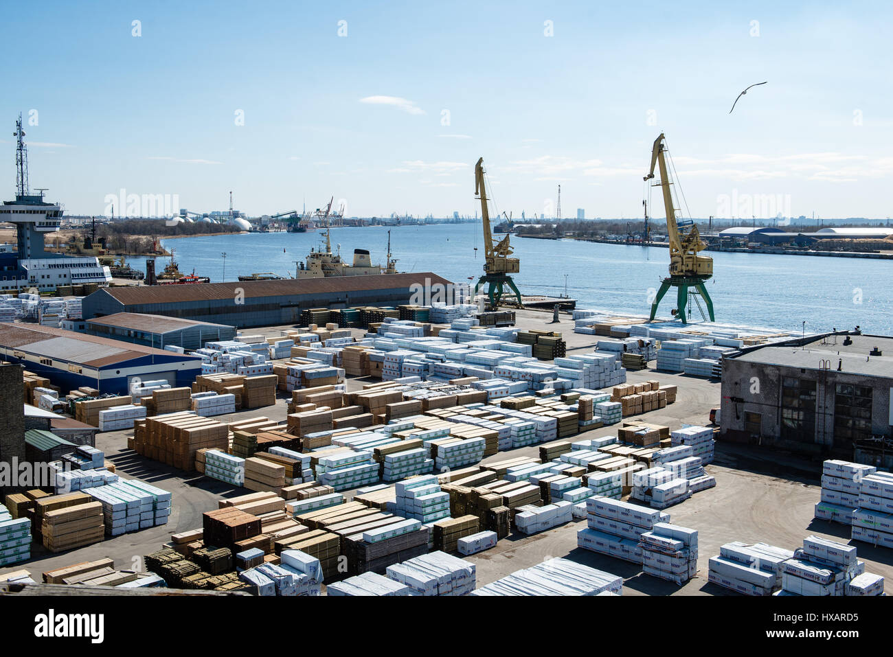 small port city view from above in autumn with colorful environment ...